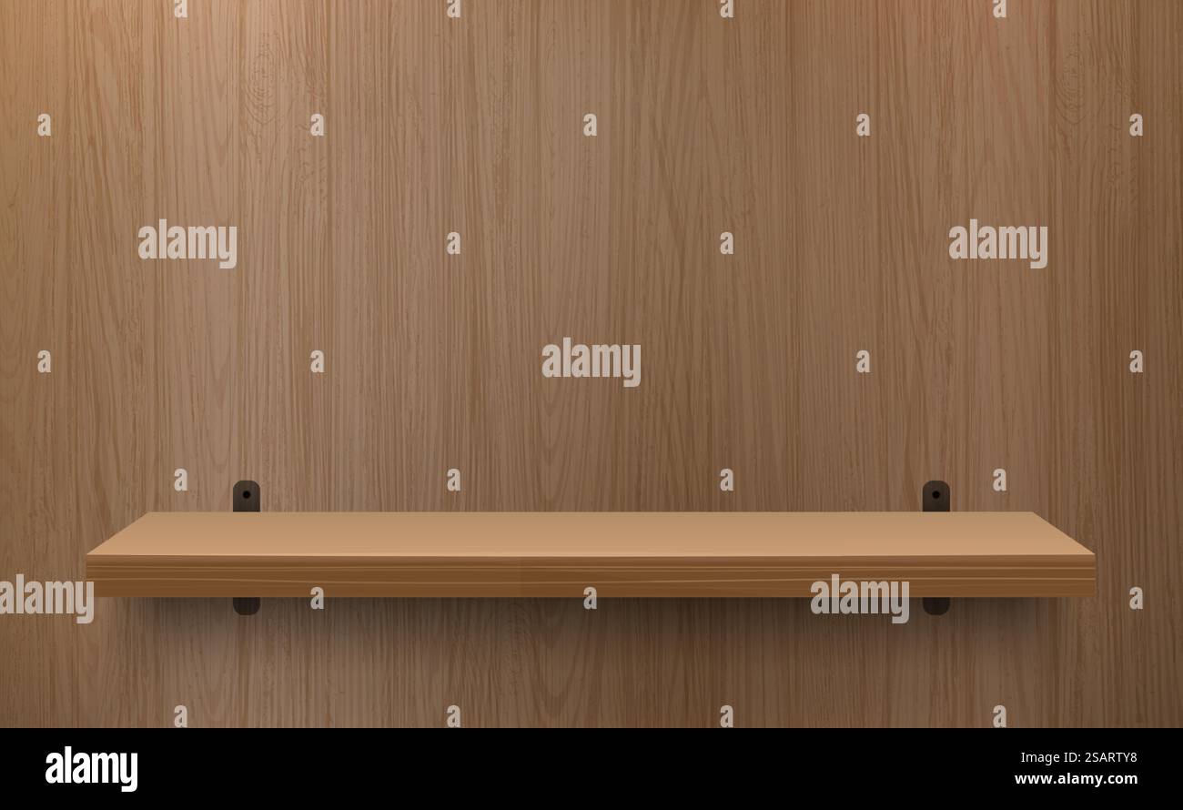Wood shelf vector mockup. Wooden texture with shelf. Realistic empty ...