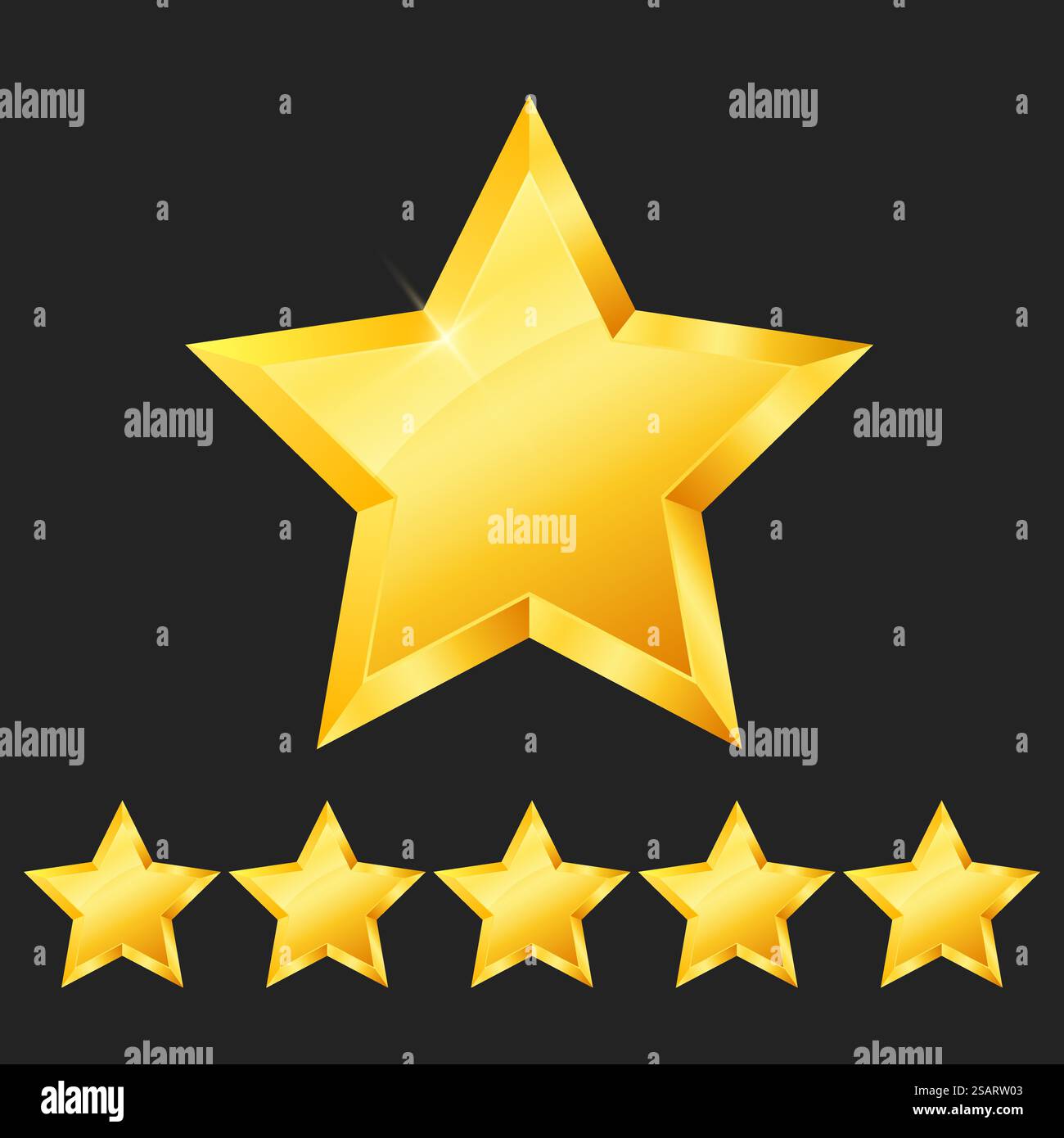 Five 5 star rank sign. Glossy golden star sticker icon rating isolated on black background. 3d ...
