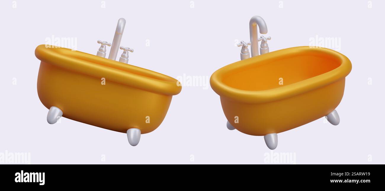 Realistic bathtub, front and top view. Side metal faucet. Color vector ...