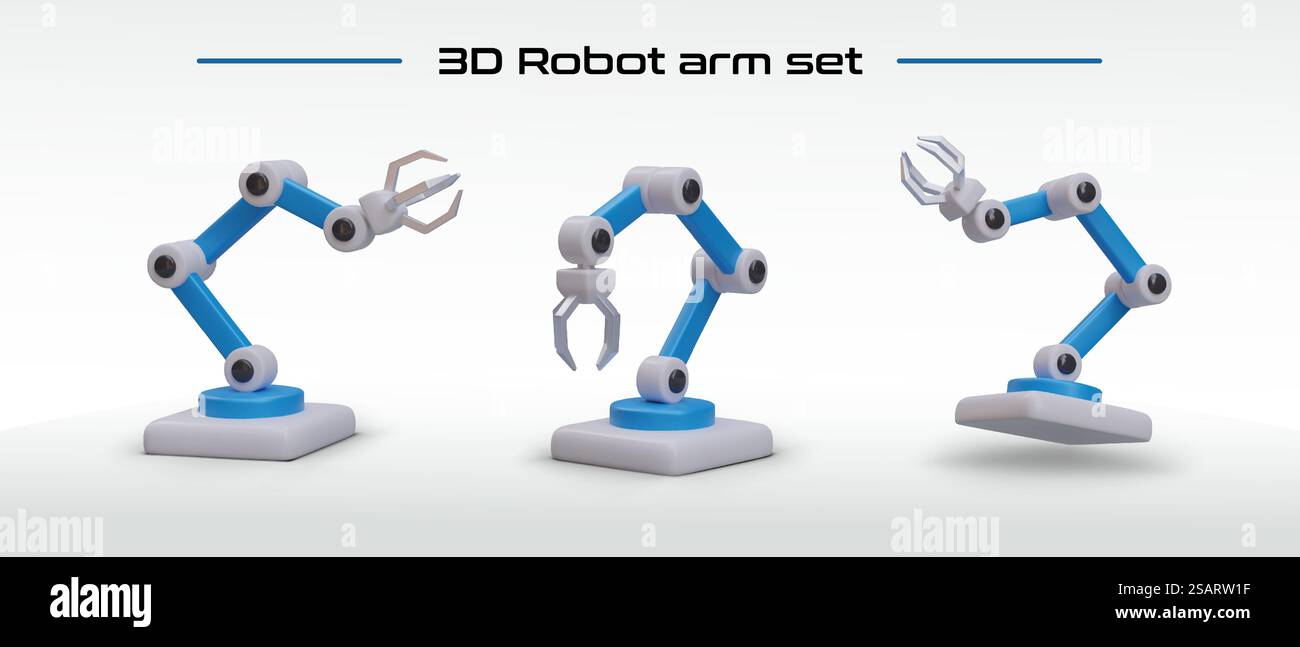 Set of robotic hands in different positions. Mechanical blue ...