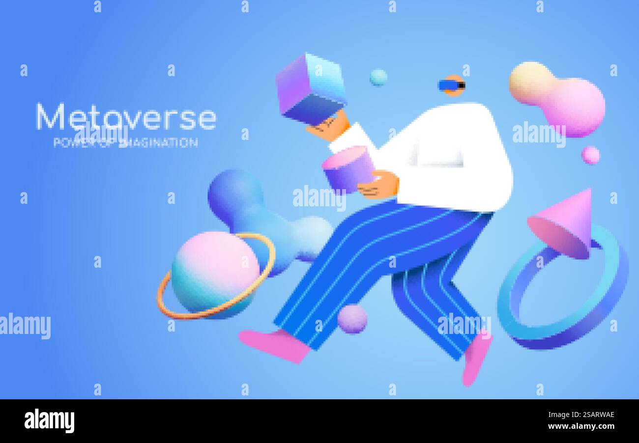 A young man with goggle floating among 3d pastel gradient shapes ...
