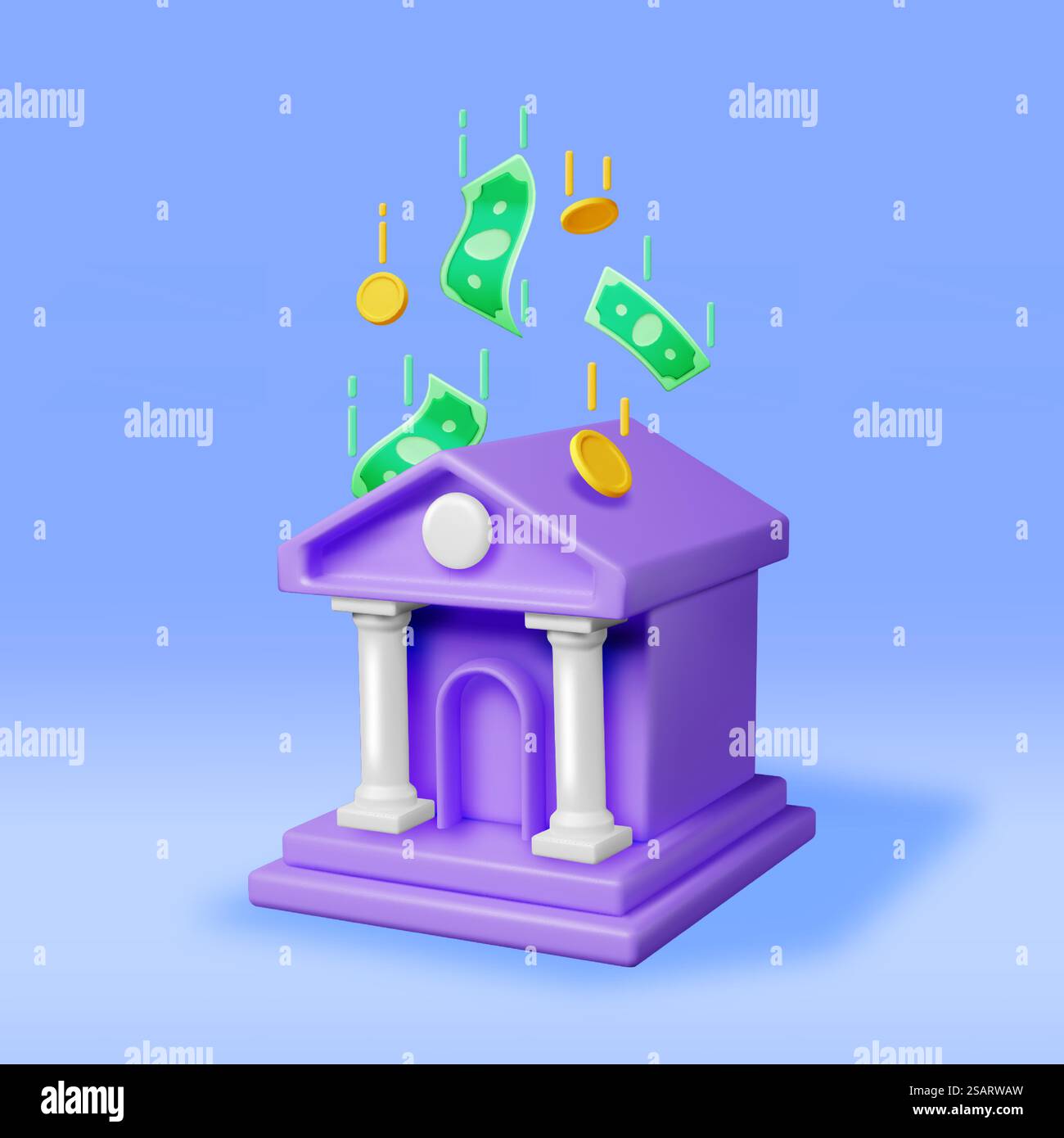 3D Bank Building and Cash Money. Render Financial House Icon ...
