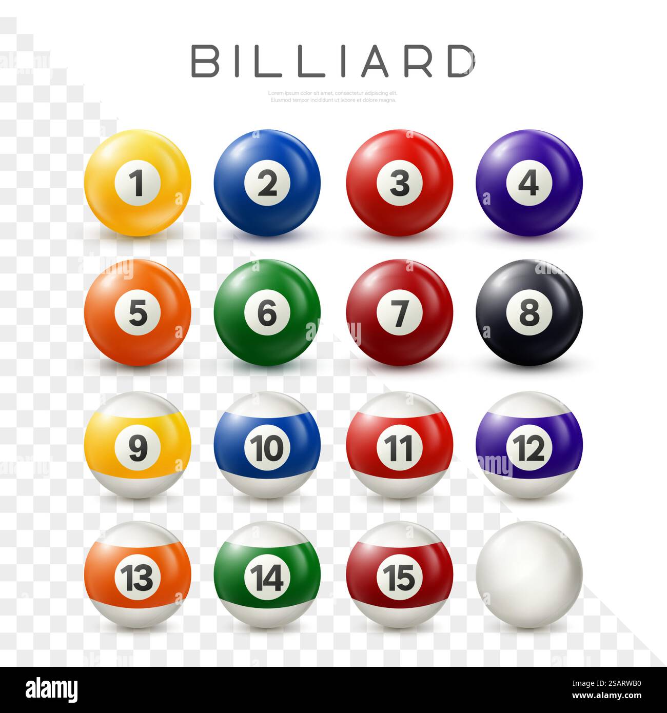 Billiard, pool balls set. Vector realistic snooker ball collection with numbers on transparent ...