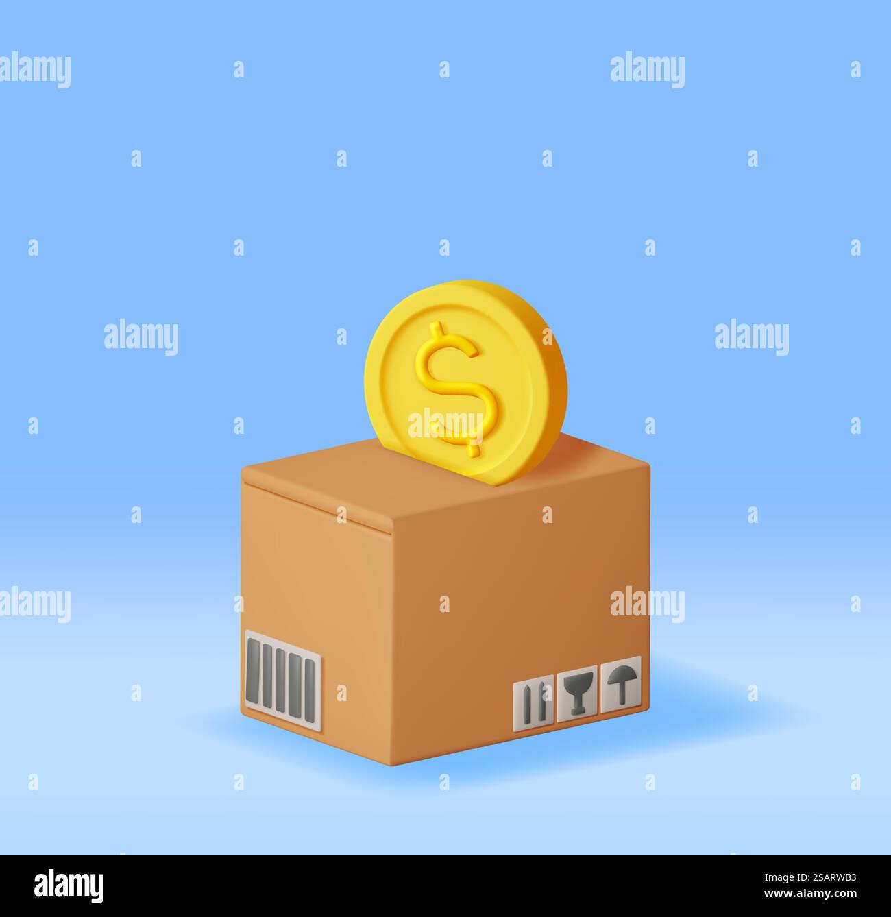 3D Cardboard Box with Gold Coins Inside Isolated. Open Carton Package ...