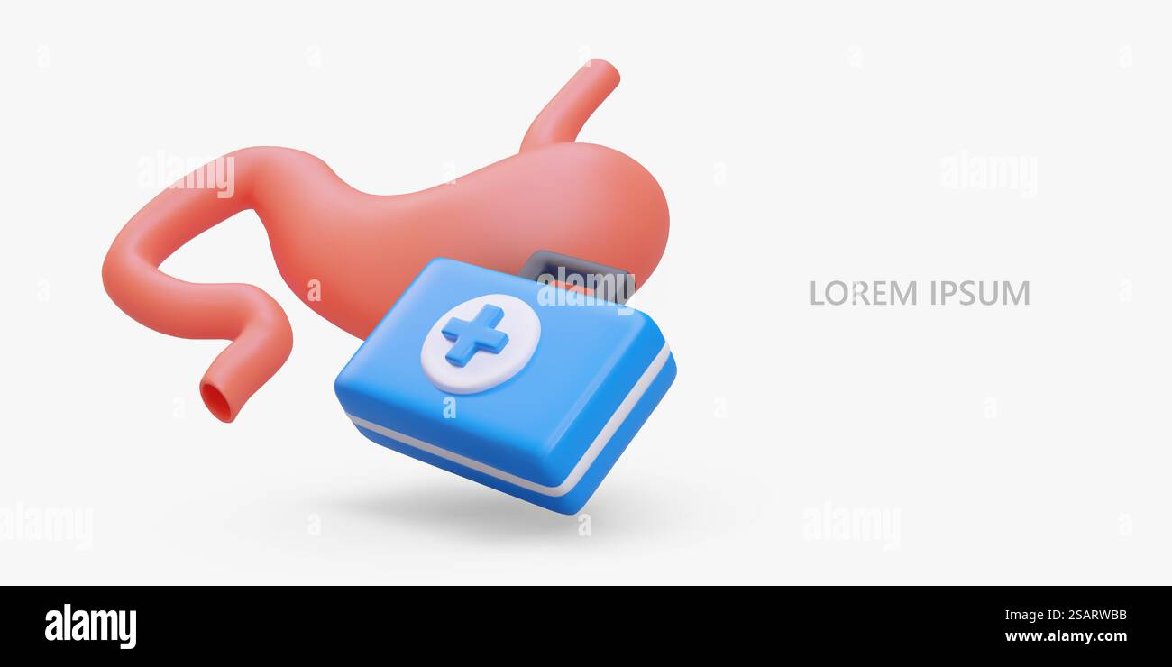 Realistic stomach, blue first aid kit. Stomachache, pain reliever ...