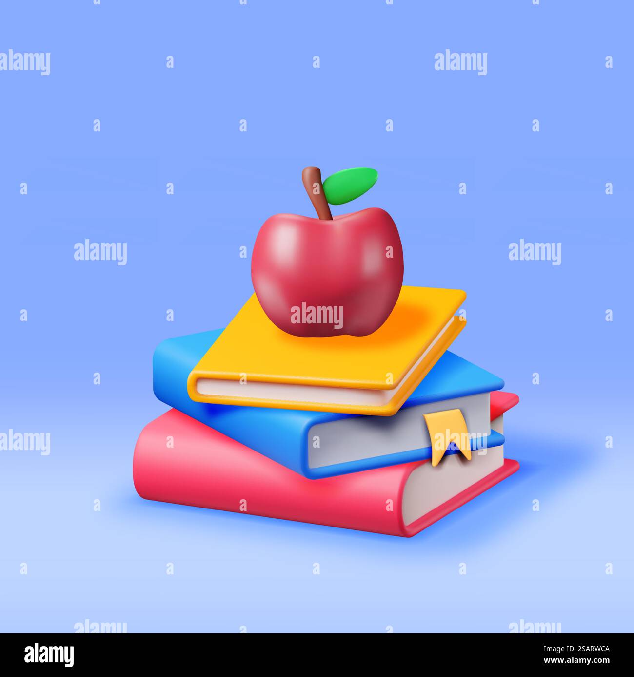 3D Red Apple on Stack of Paper Books Isolated. Render Pile of Books ...