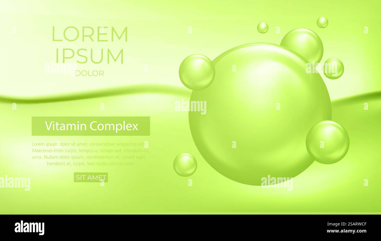Vitamin complex vector banner. Green background with 3d bubbles ...