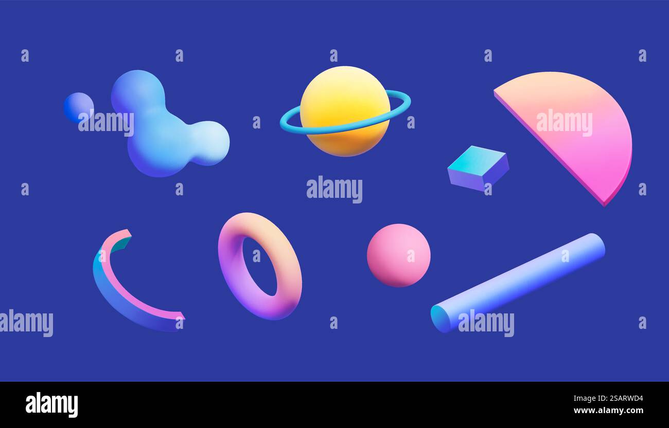 3d colorful gradient geometric shapes, including fluid bubbles, ring, sphere, cube, cylinder and ...