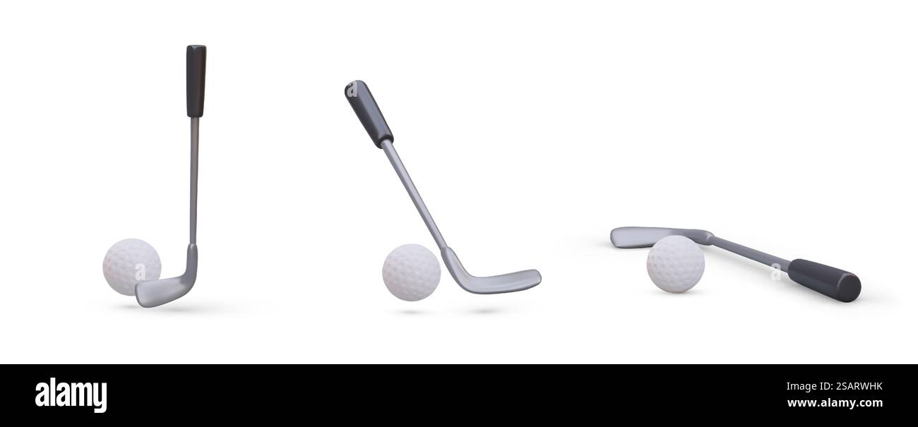 Golf club with ball. Set of realistic vector images. Swing, hit ...