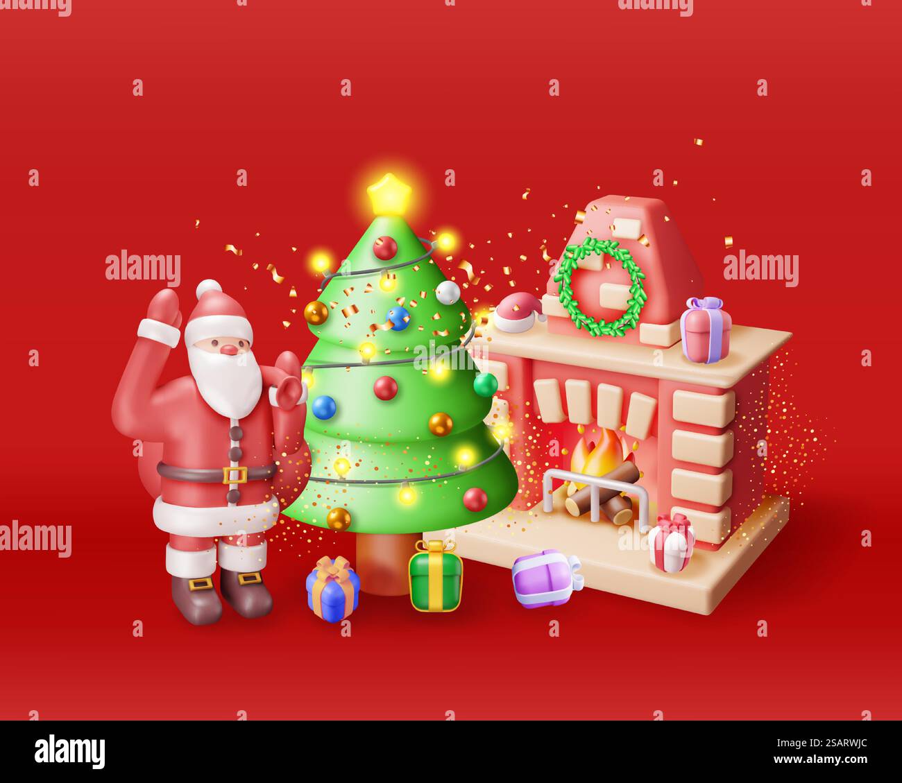 3D Red Brick New Year Fireplace and Santa Claus. Render Christmas ...