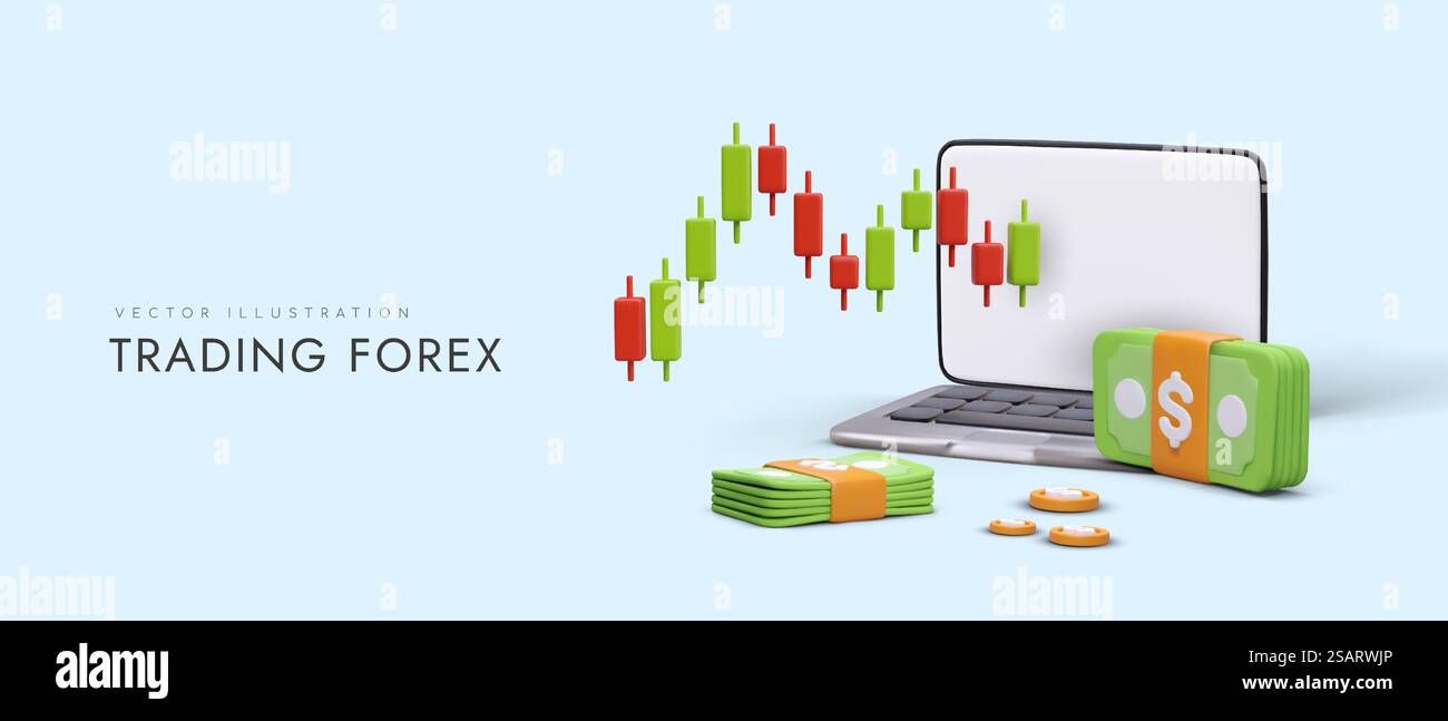 Forex trading. Chart of green and red Japanese candles. 3D illustration ...