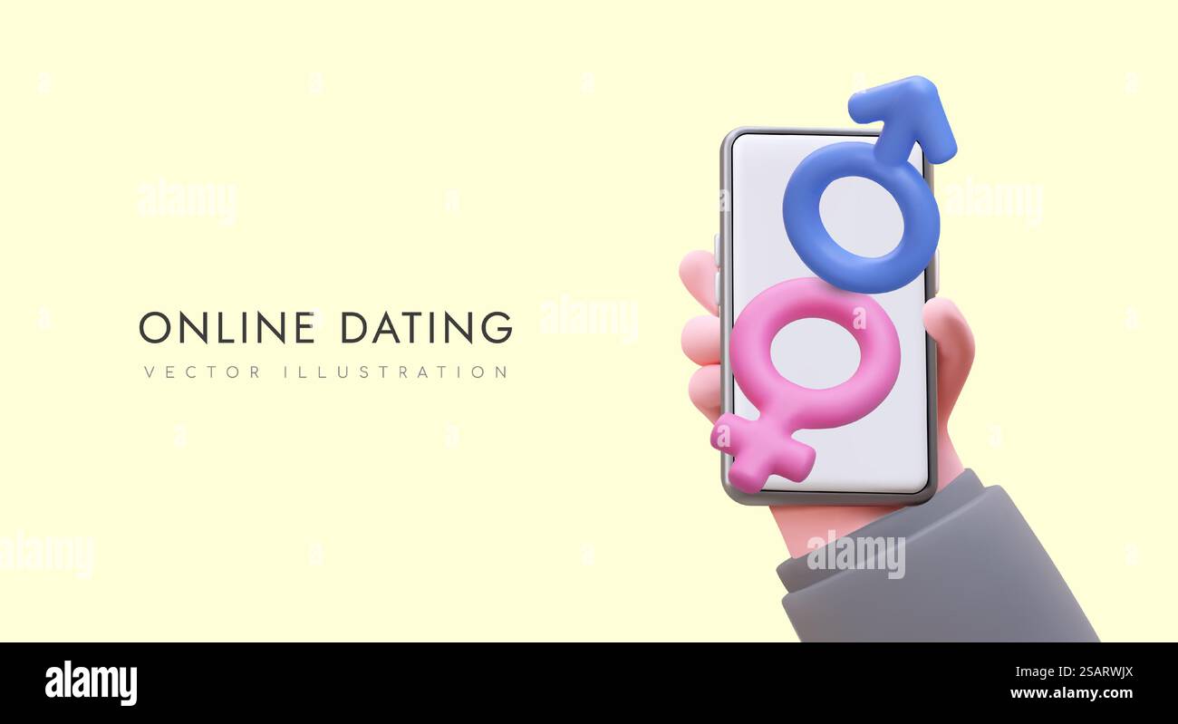 3D hand holding smartphone with male and female gender symbols. Concept ...