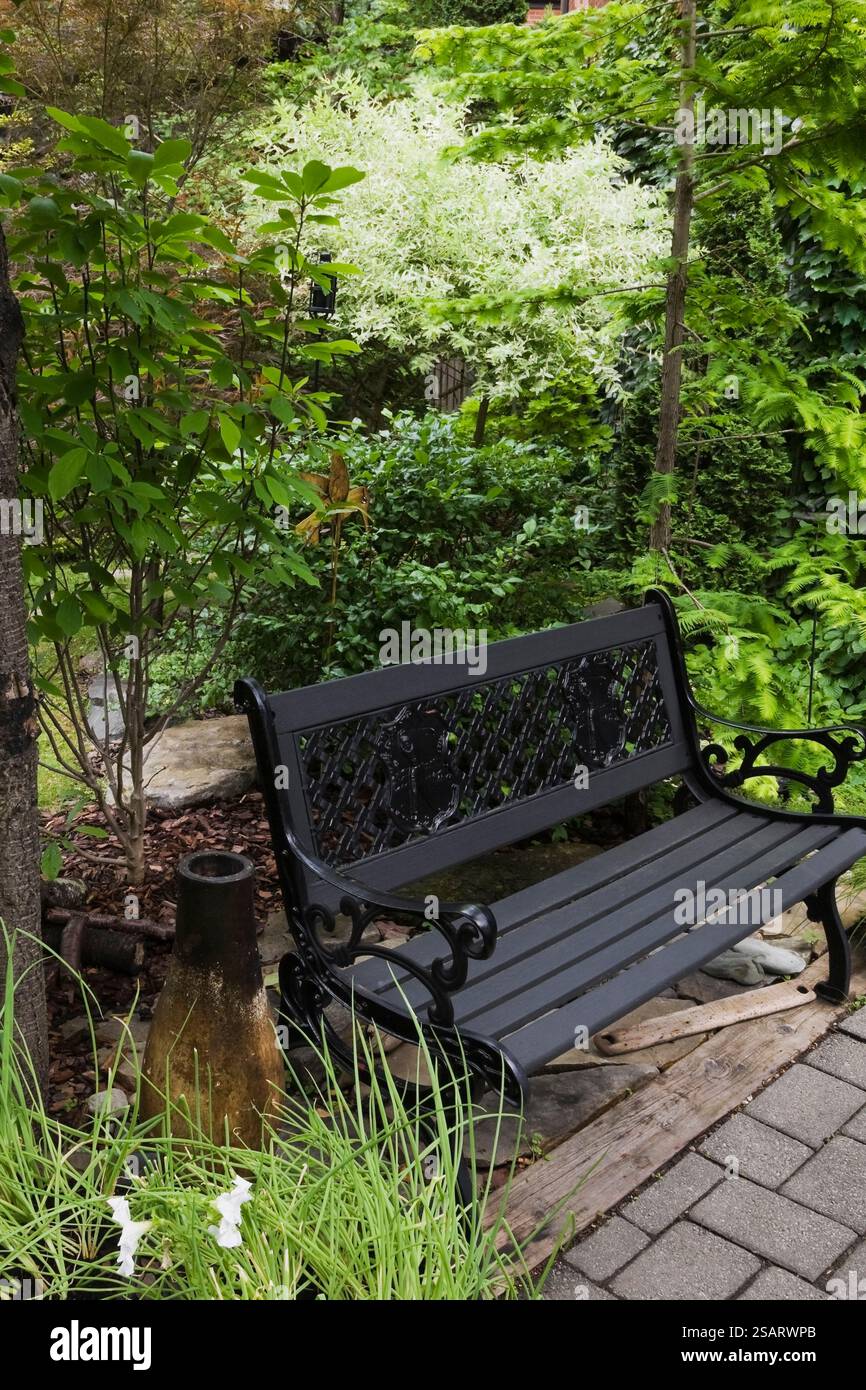 Black wooden and metal garden bench on light brown paving stones and ...