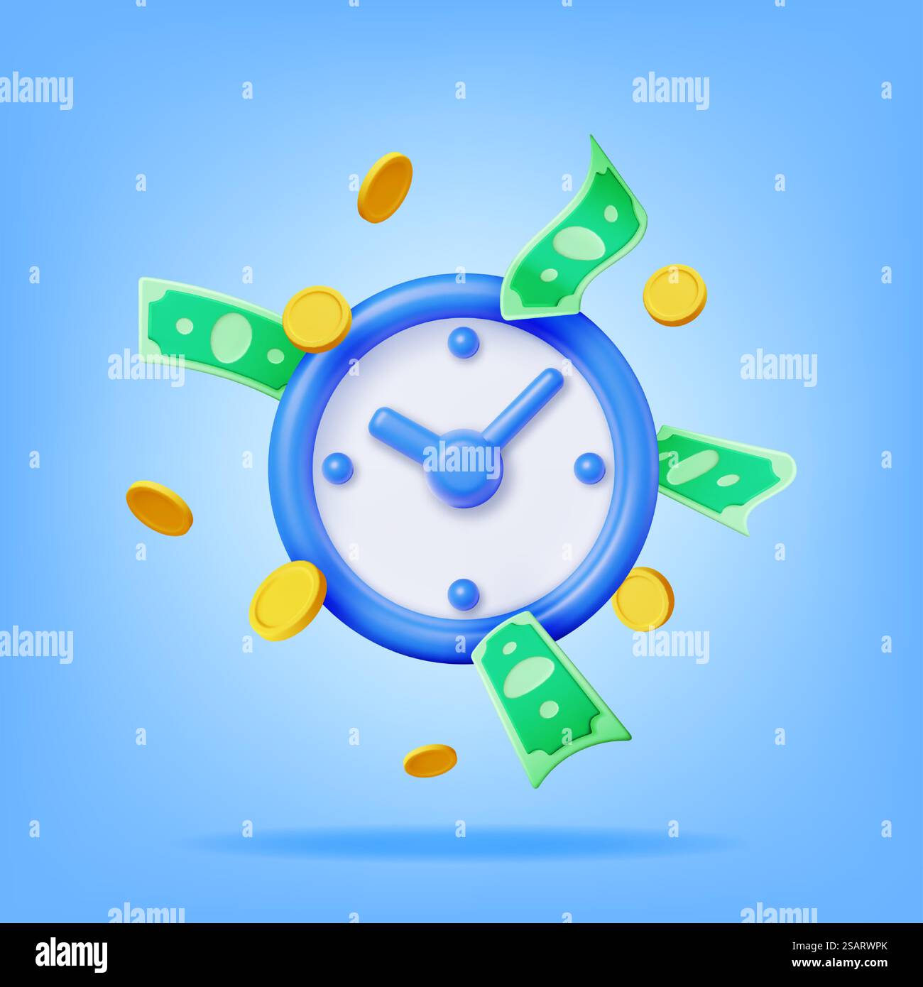 3D Clock with Dollars and Golden Coins Isolated. Render Time is Money ...