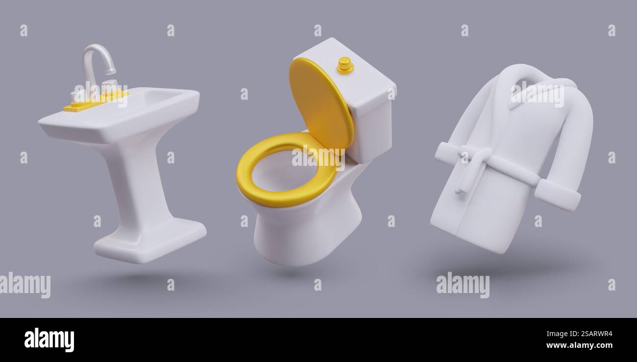3D sink, toilet, white robe in cartoon style. Isolated vector objects ...