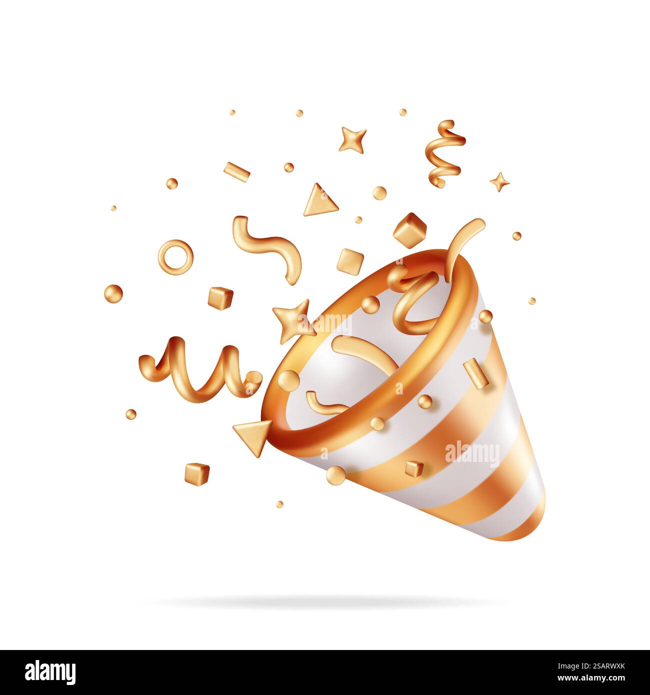 3D Gold Party Popper with Confetti Isolated on White. Render Golden ...