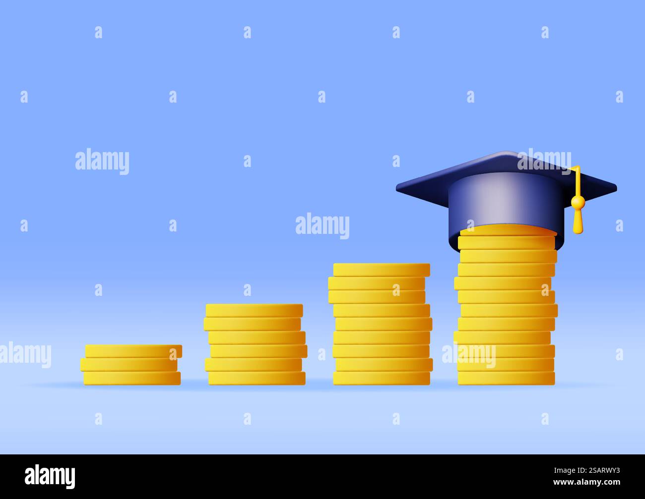 3D Graduation Cap and Gold Coin Stacks Isolated. Render Money for ...