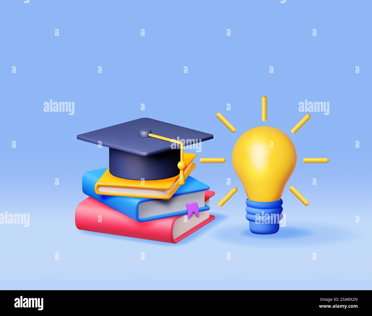 3D Light Idea Bulb with Graduation Cap and Books. Render Cartoon Yellow Idea Bulb in Graduation ...