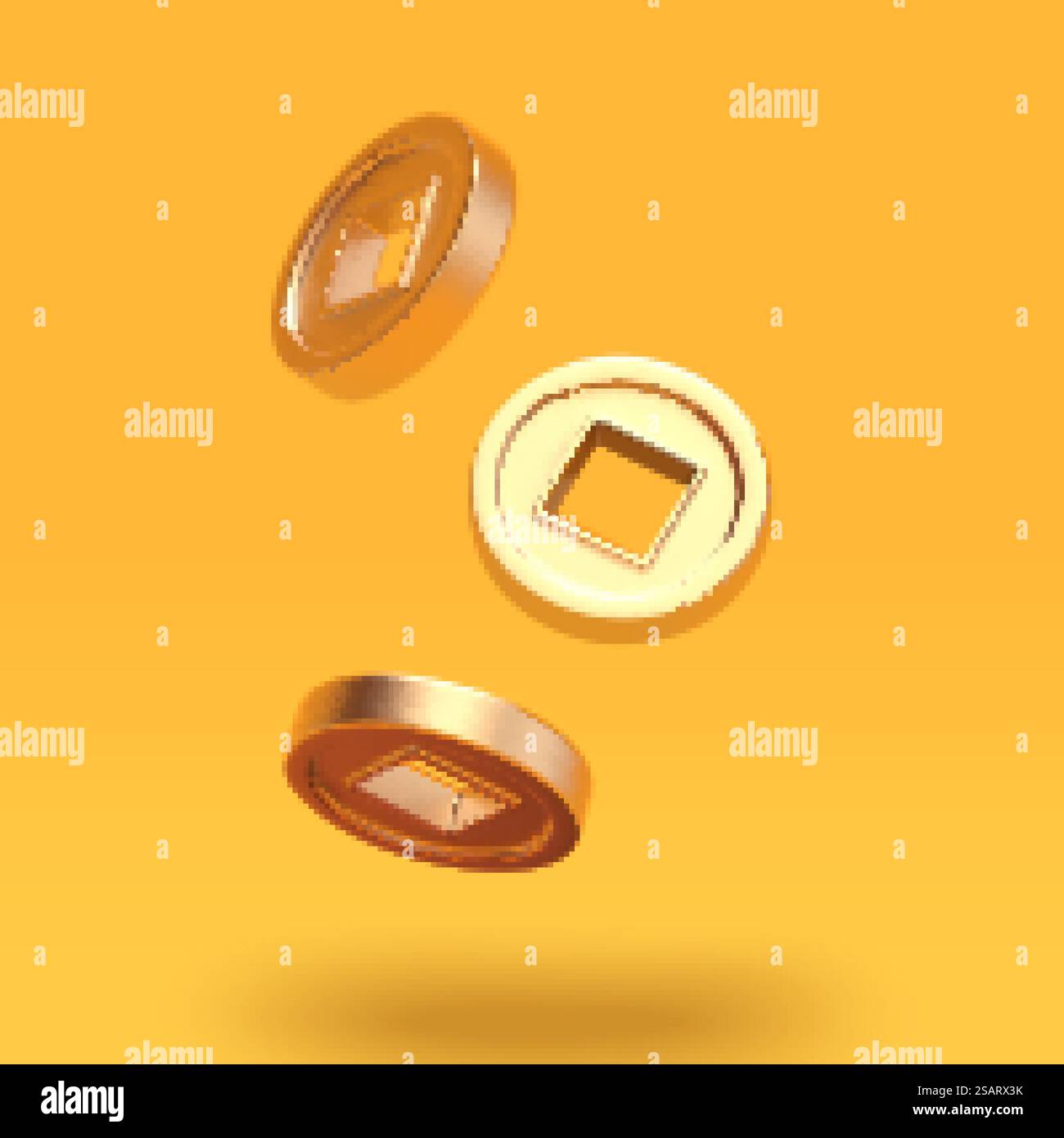 3d illustration of ancient Japanese or Chinese matt gold coins. 3d ...
