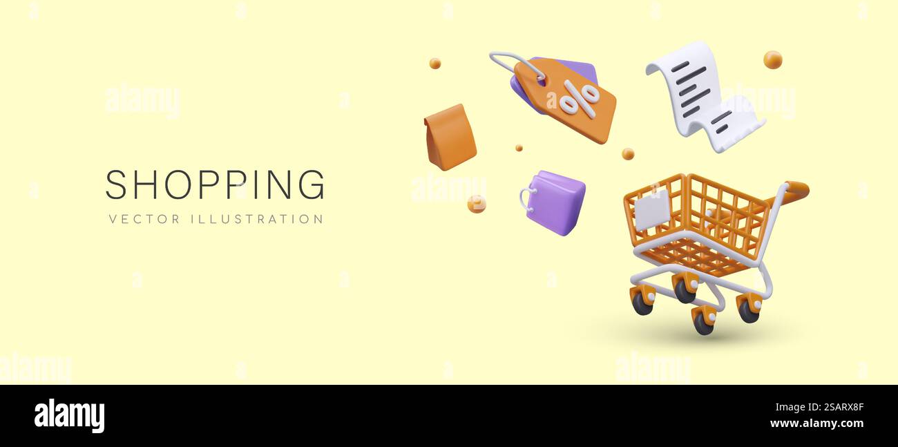 Shopping concept. Realistic shopping cart, bag, package, label, receipt ...