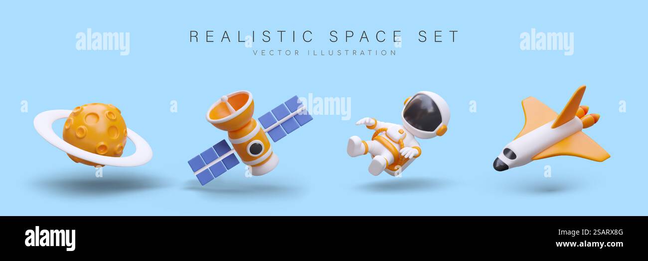 Realistic space set. Planet with asteroid belt, shuttle, astronaut in suit, orbital satellite ...