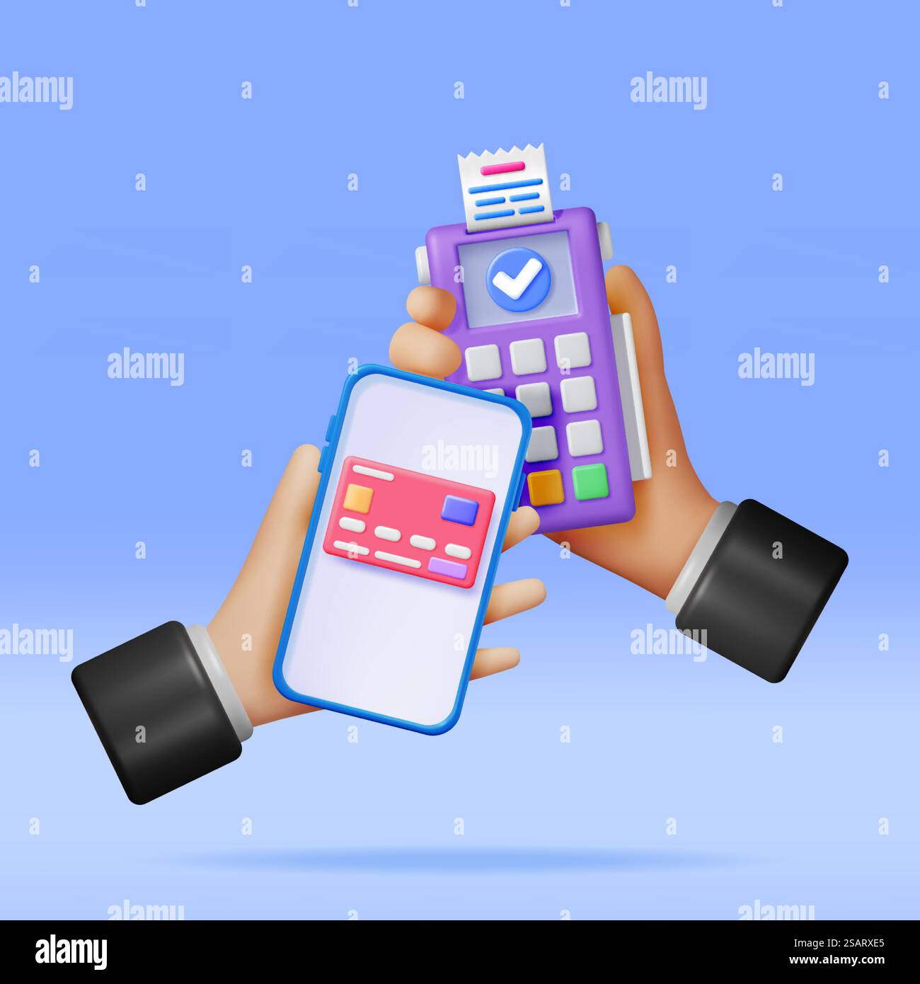 3D Payment Terminal in Hand with Smartphone and Receipt. Render Modern POS Bank Payment Device ...
