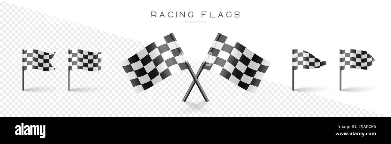 Checkered racing flags. Realistic finish flag set for car race, sports competitions. Vector ...