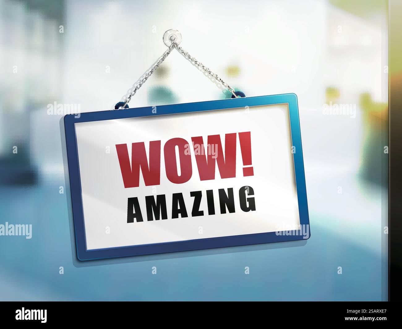 wow amazing text on hanging sign, isolated bright blur background, 3d ...