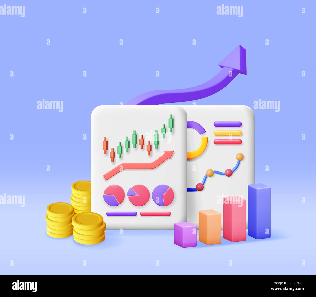 3D Financial Reports with Cash Money and Chart. Render Stock Pie Shows ...