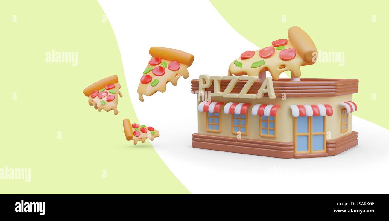 Pizzeria building with text sign in English. Huge pieces of hot pizza ...