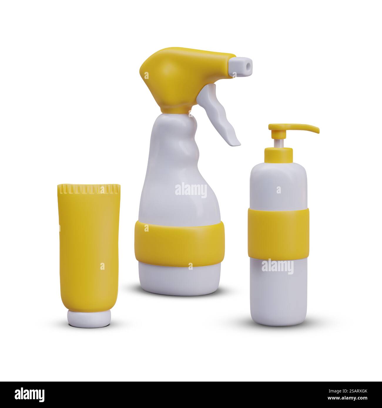 3d realistic bottles with yellow elements. Plastic bottles of household ...