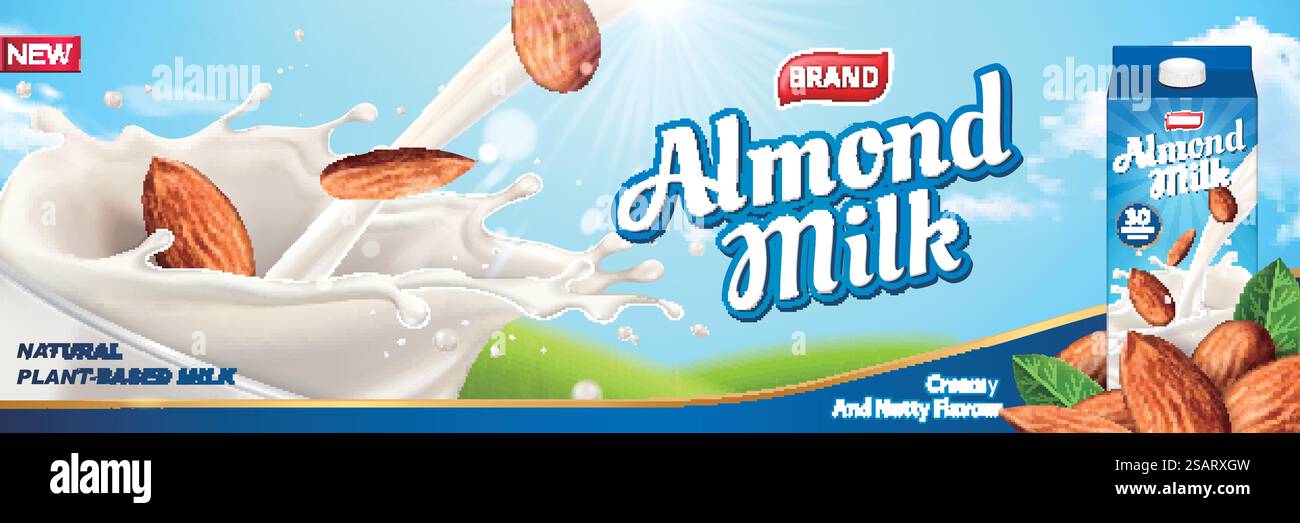 Almond milk ads with liquid pouring down into glass cup and package ...