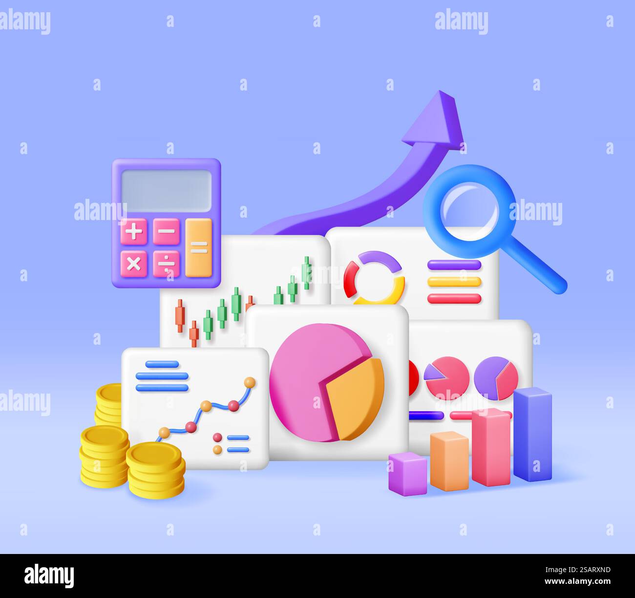 3D Financial Reports with Magnifying Glass and Calculator. Render Stock Pie Shows Growth ...