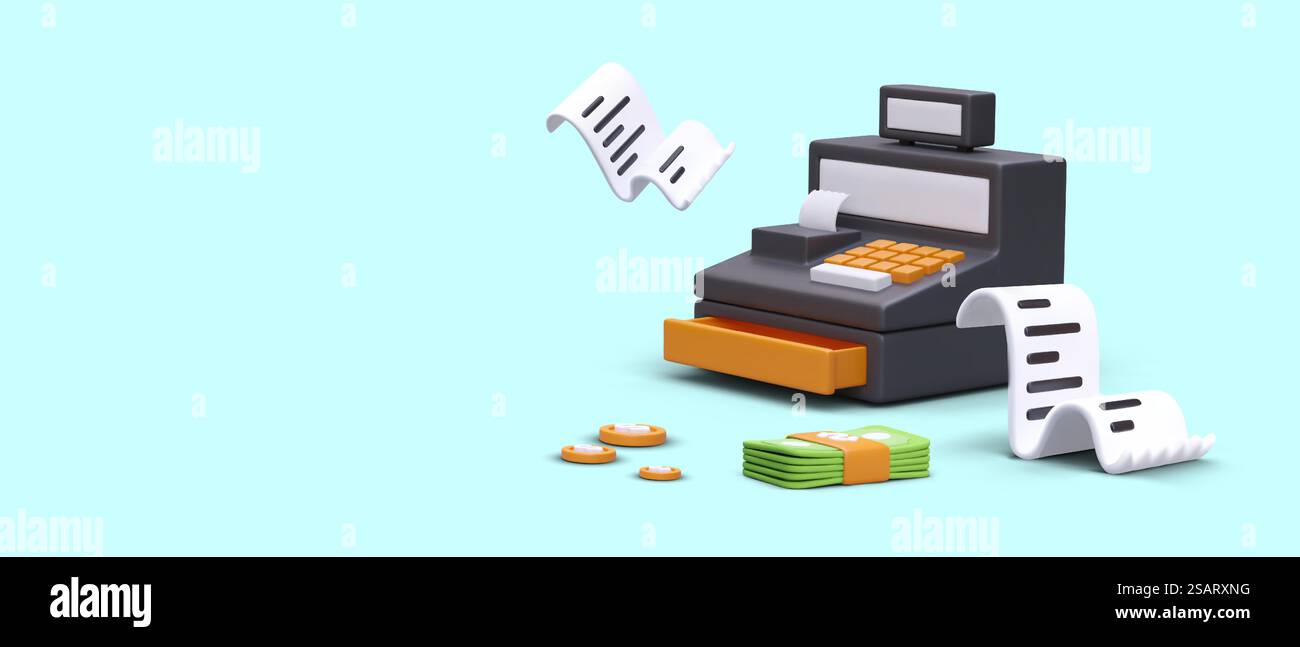 Cash register, receipt, coins, banknotes. Virtual cash register. 3D ...