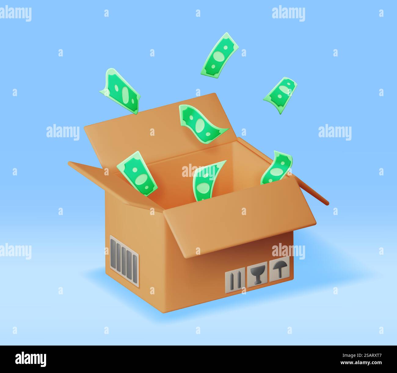 3D Cardboard Box with Dollar Banknotes Inside Isolated. Open Carton ...