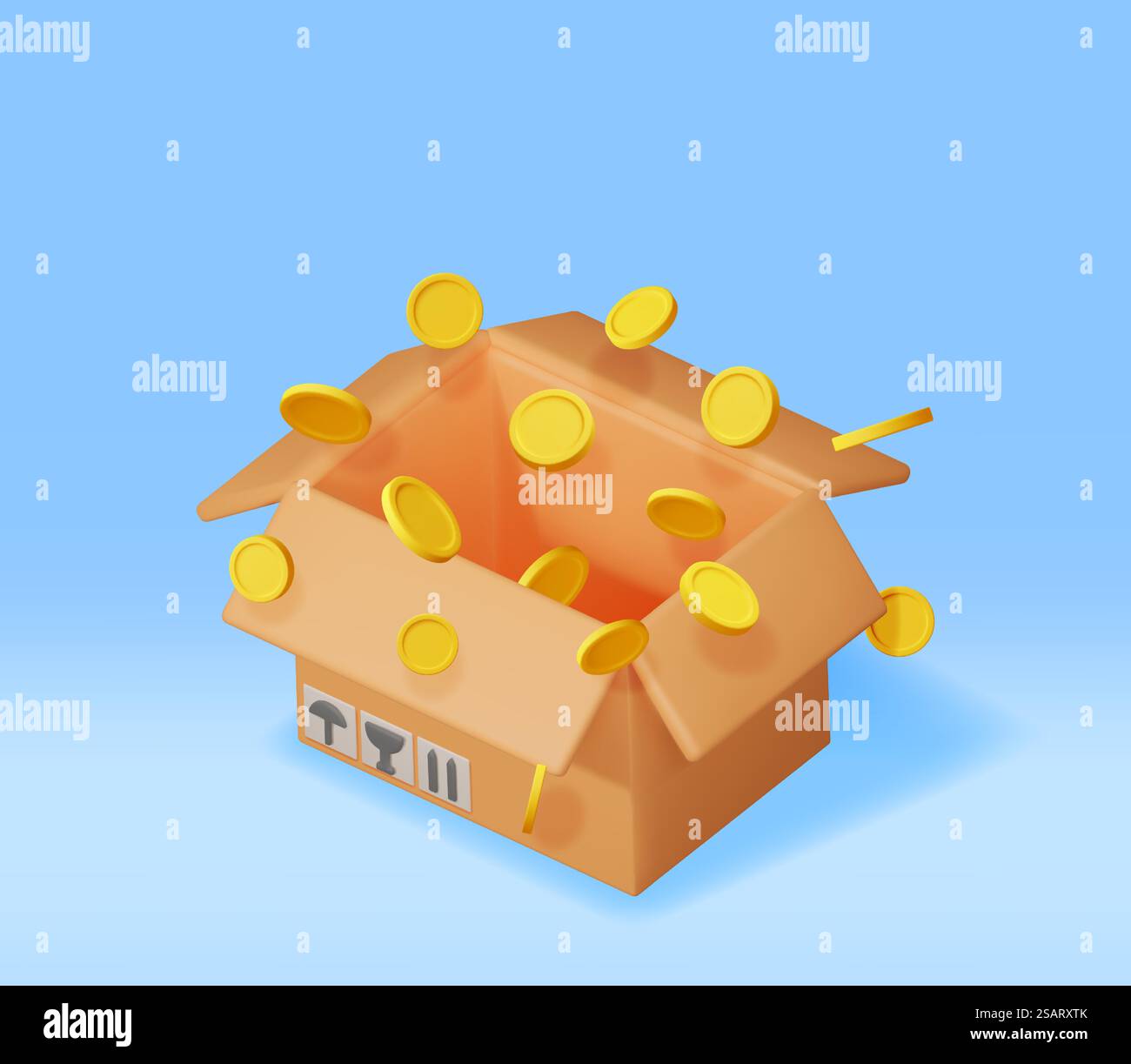 3D Cardboard Box with Gold Coins Inside Isolated. Open Carton Package ...