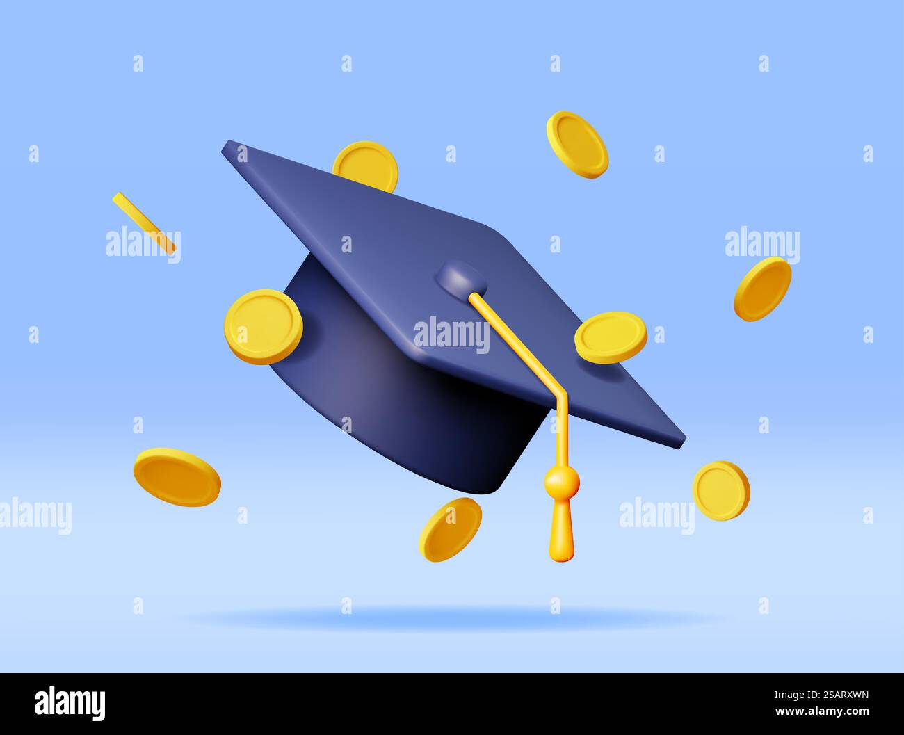 3D Graduation Cap with Gold Coins Banknotes Isolated. Render Cash Money ...