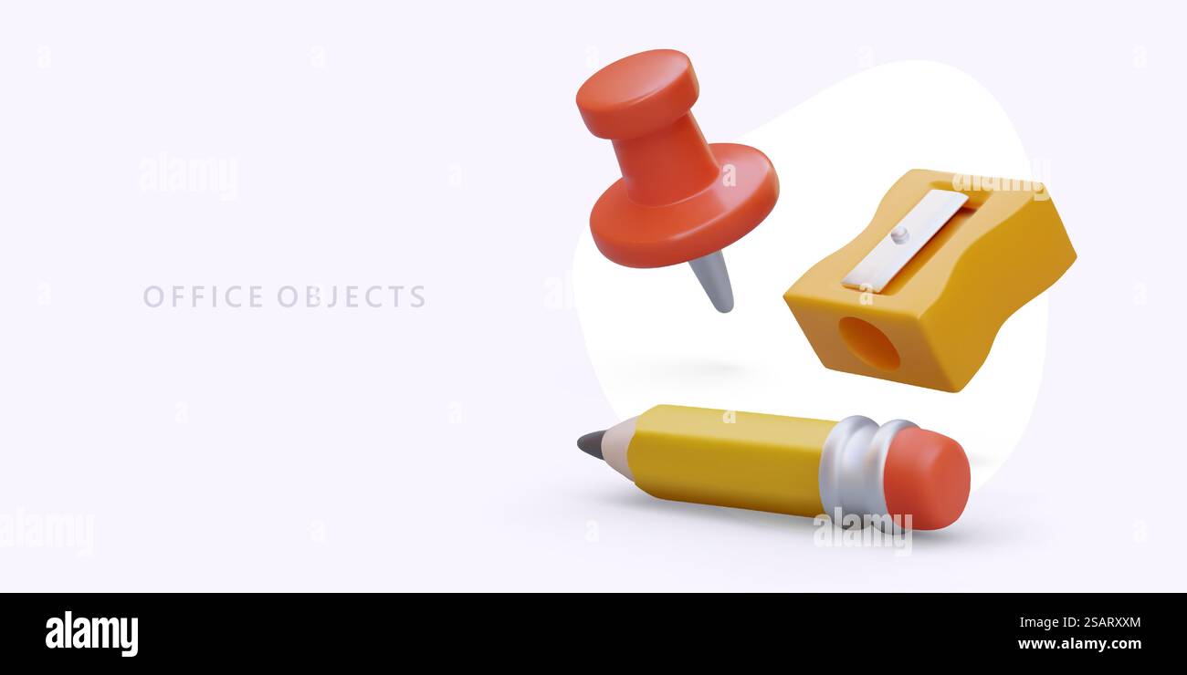 Stationery for office. Advertising layout with 3D illustration. Header ...