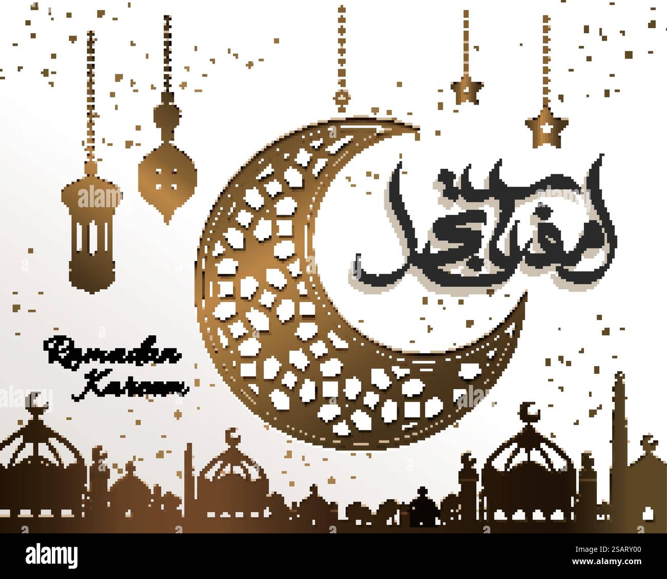 Ramadan Kareem design, Arabic calligraphy words with attractive mosque and crescent elements on ...