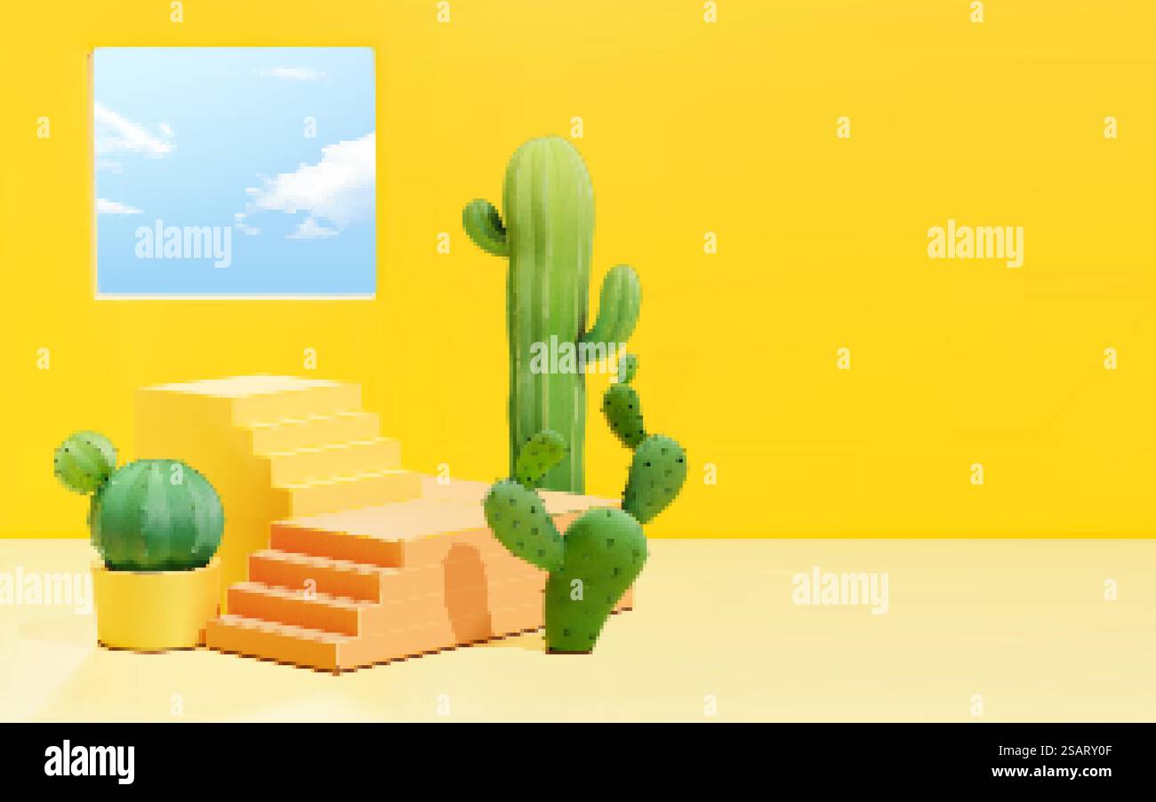 3d minimal yellow scene design with stair stage and cactus pots ...