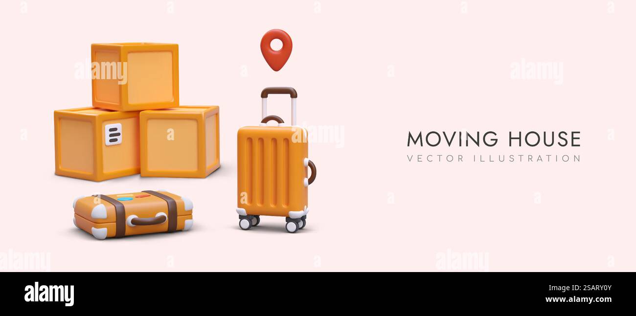 Realistic parcels, trolley bag and suitcase. Moving house concept ...