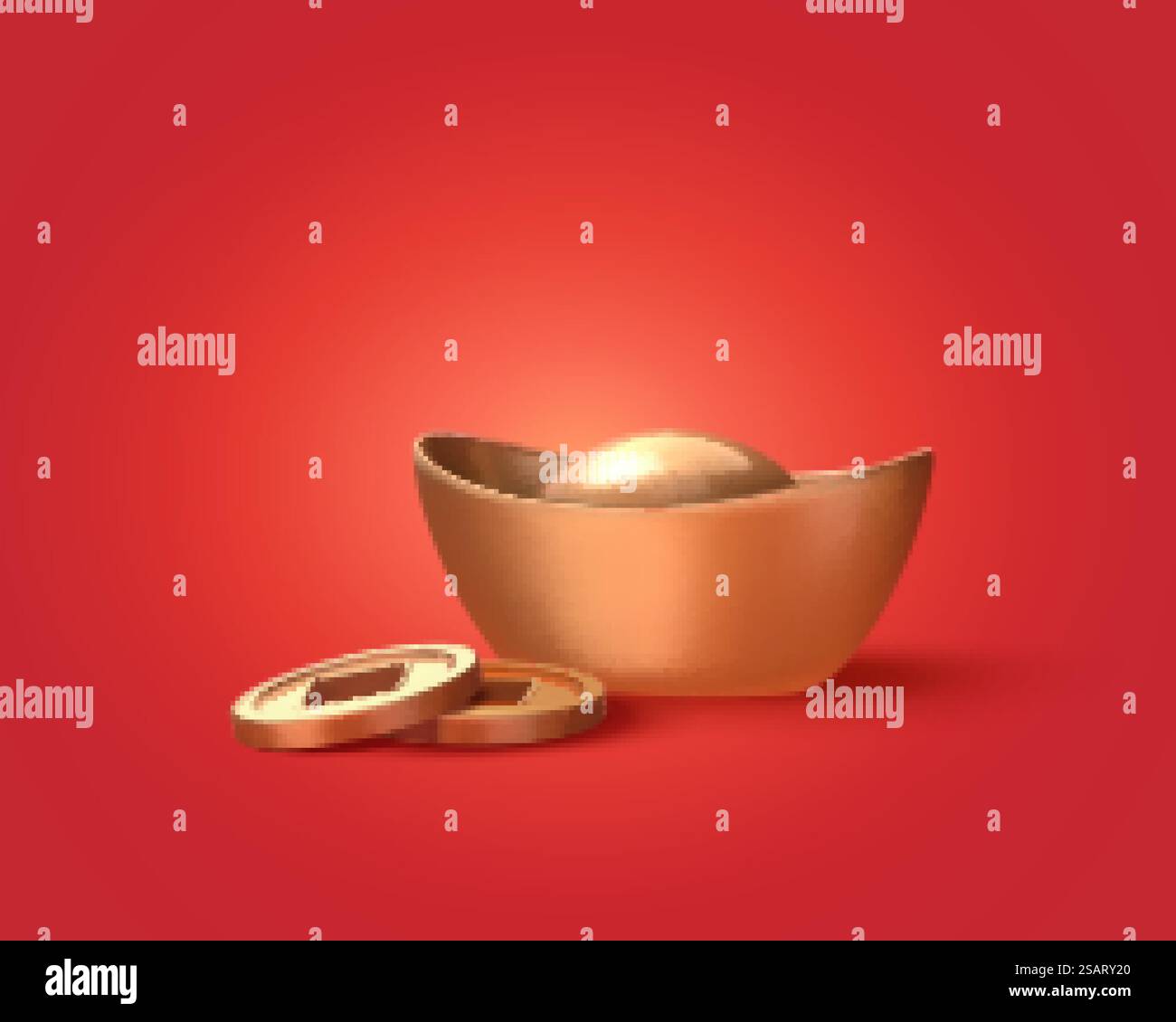 3d illustration gold ingot and coins isolated on red background, design ...