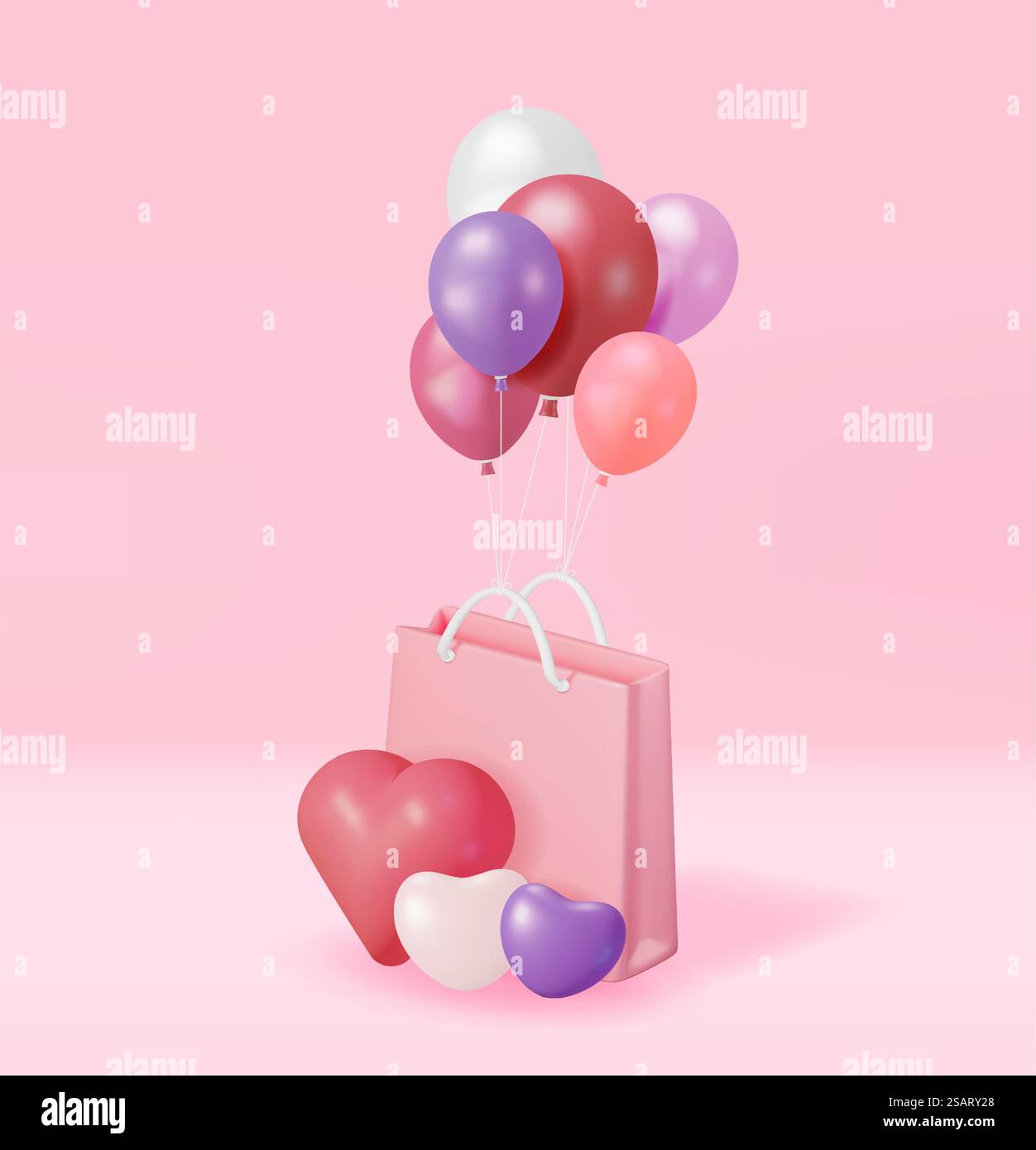 3D Pink Shopping Bag with Balloon Hearts. Render Gift Handbag with ...
