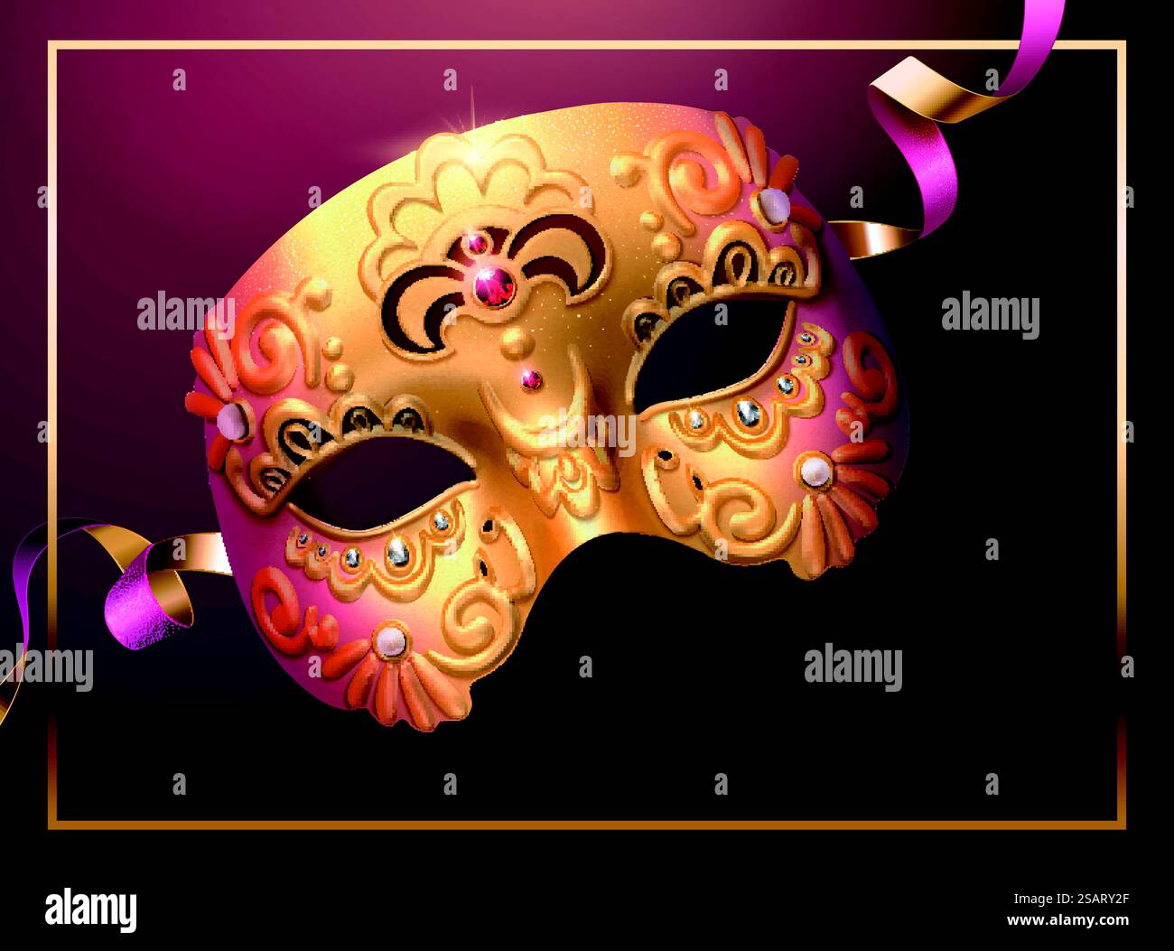 Golden luxurious mask with streamer in 3d illustration. Golden ...