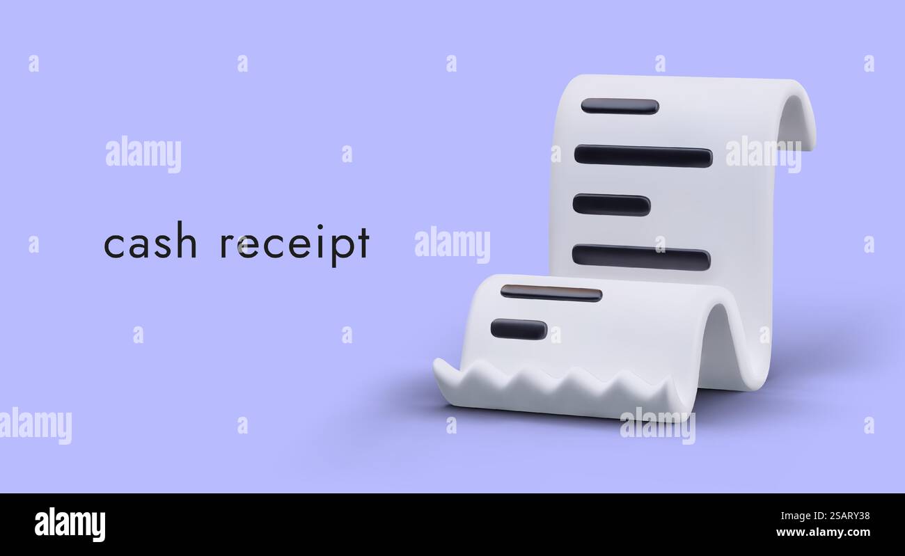 Cashier check, cash receipt. White squiggly paper ribbon with black ...