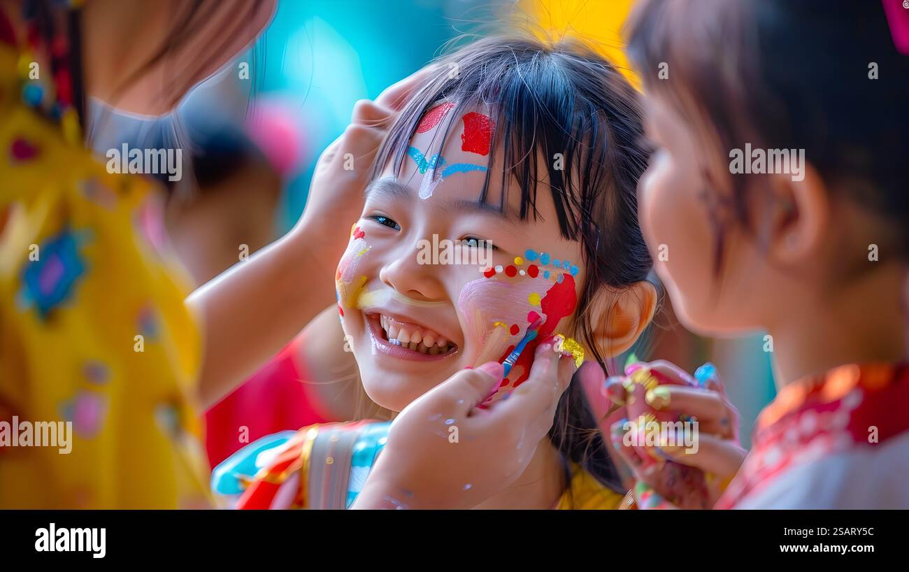 This vibrant image captures the tender interaction of an Asian child ...