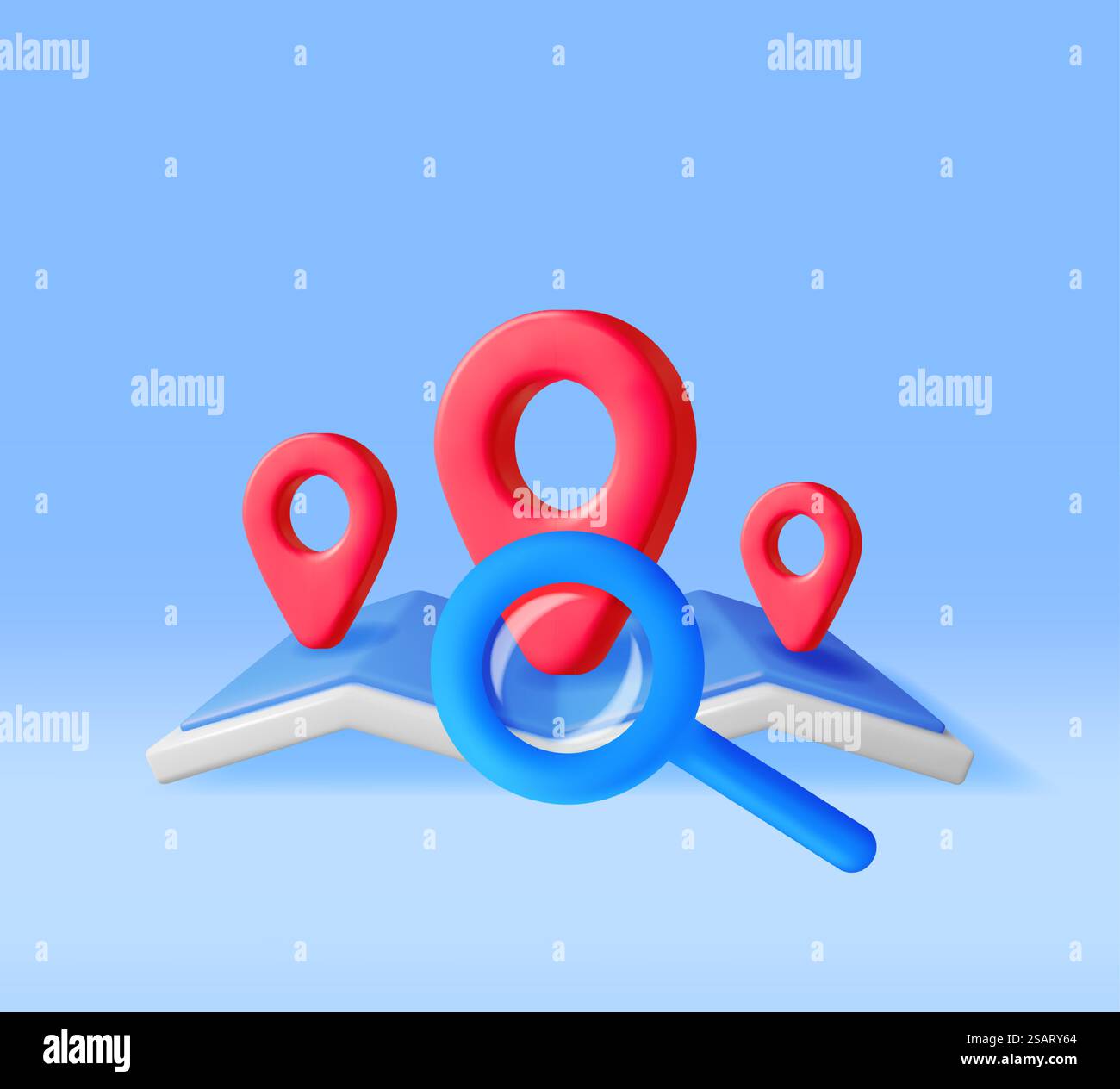 3D Location Folded Paper Map with Magnifying Glass Isolated. Blue GPS ...