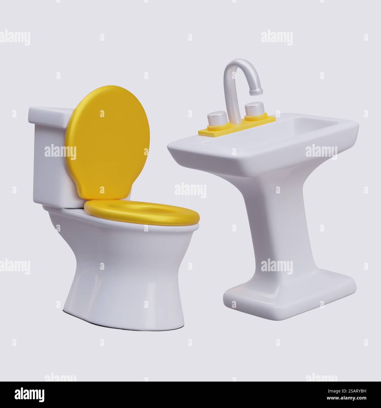 Lavatory concept. Expensive sanitary ware with gold decoration. Yellow ...