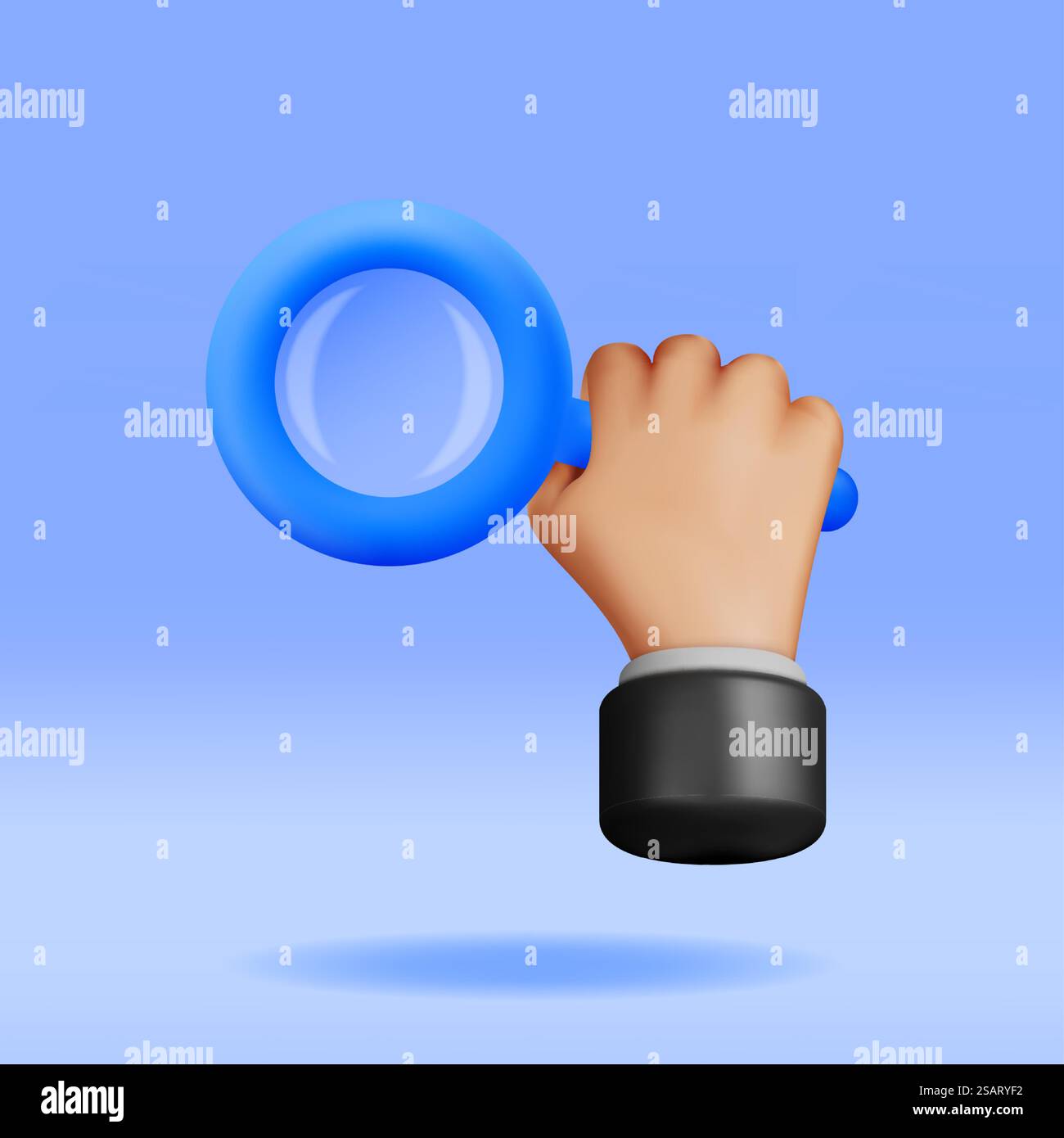 3D Blue Magnifying Glass in Hand Isolated. Render Plastic Cartoon Zoom ...