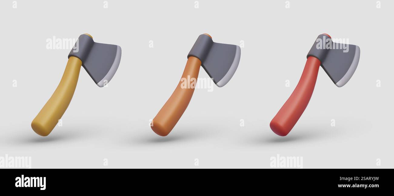 Collection of metal ax with handle made of wood in yellow, orange and ...
